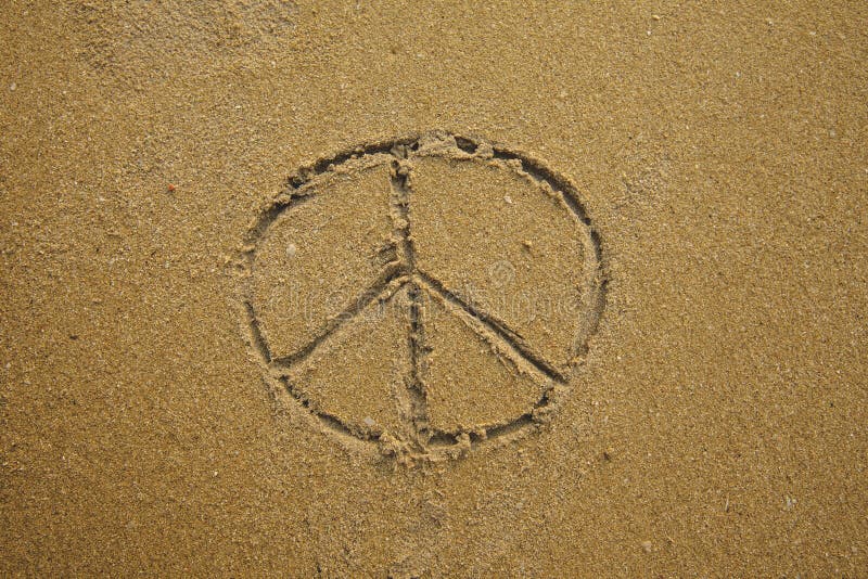 Peace Sign is Drawn on the Soft Beach Sand. Stock Photo - Image of ...