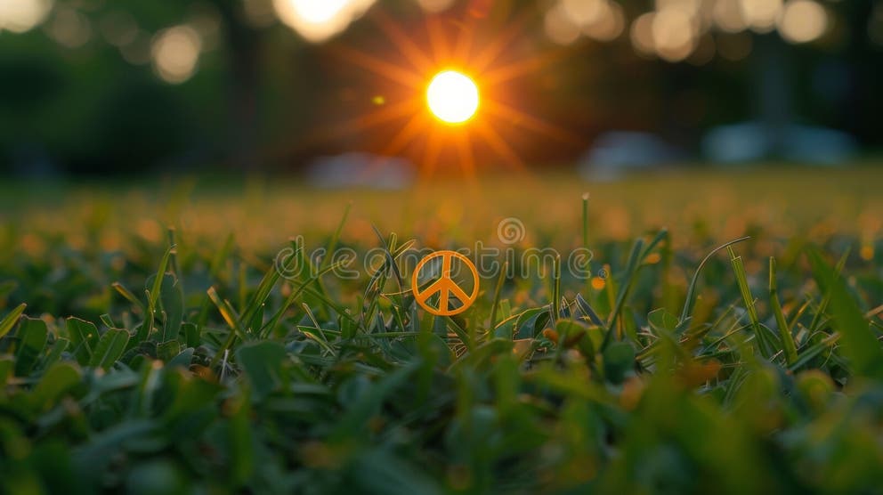 A Peace Sign in the Grass with a Sun Setting Behind it, AI Stock Photo ...