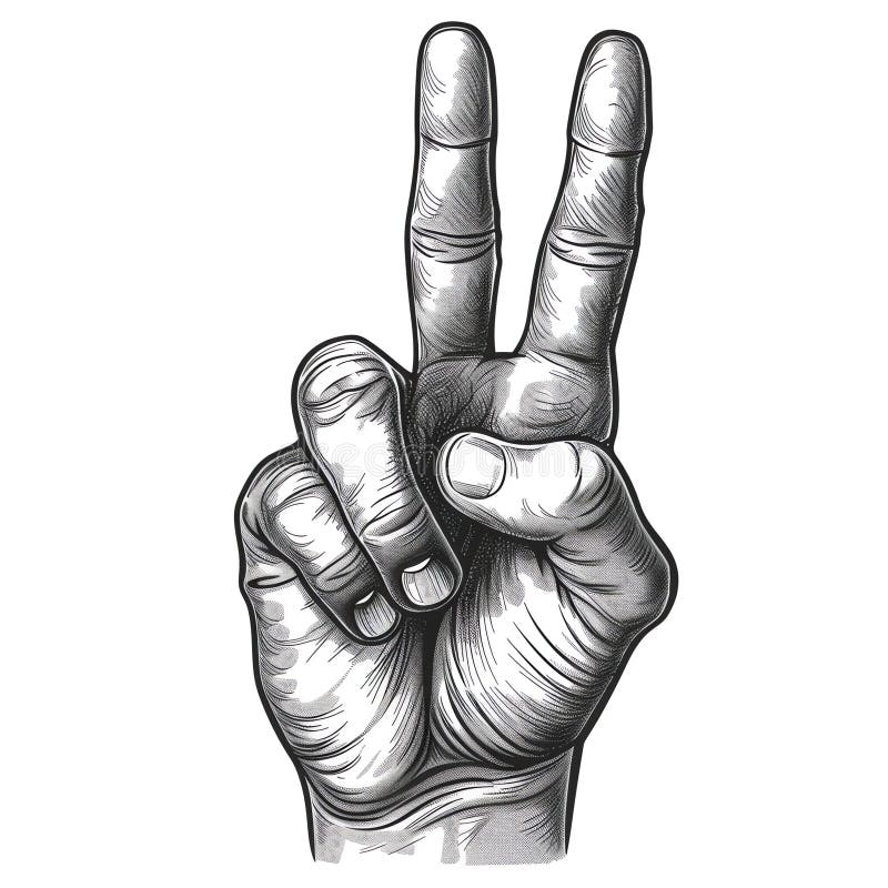 Peace Sign Hand Gesture. Black and White Illustration Stock Photo ...