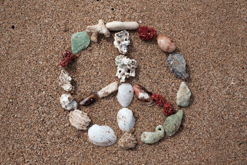 Peace Sign Made with Shells on Ocean Beach. Stock Photo - Image of ...