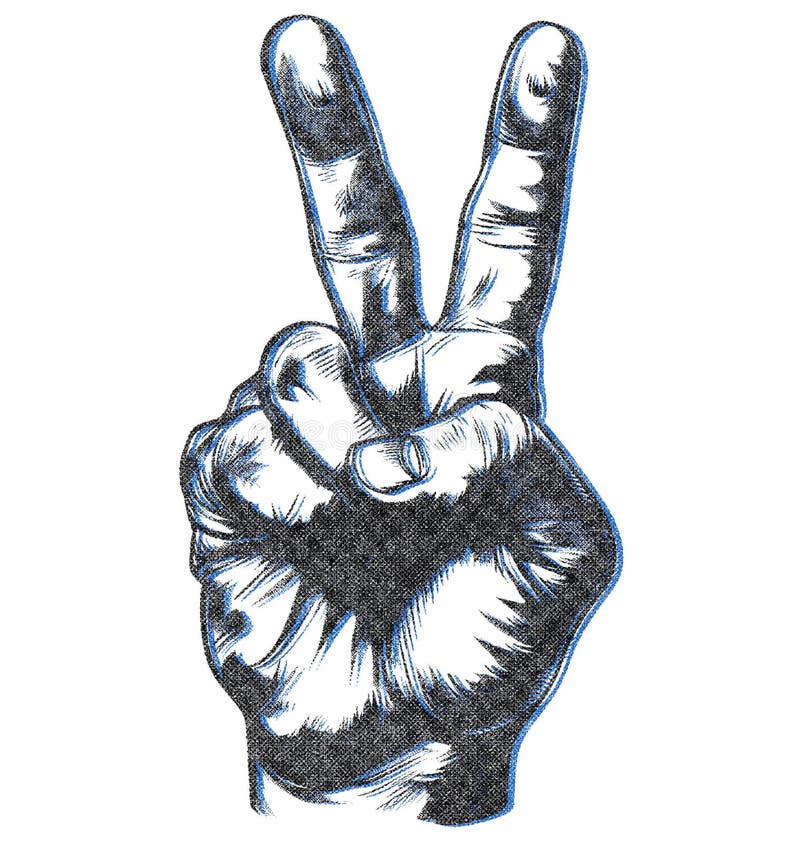 Peace Sign V Hand Gesture Illustration with Risograph Overprint and ...