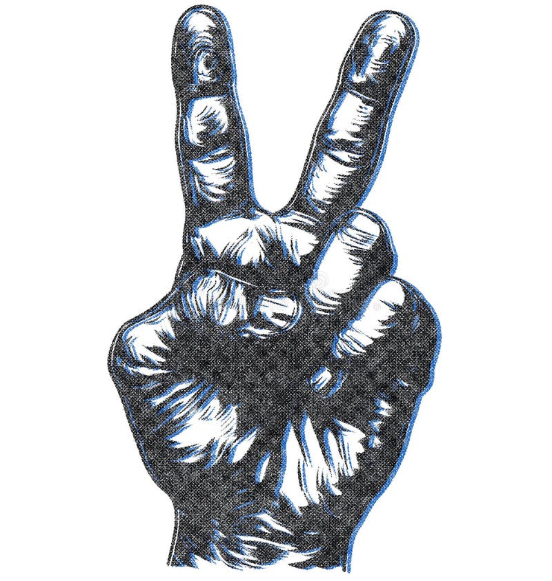 Peace Sign V Hand Gesture Illustration with Risograph Overprint and ...