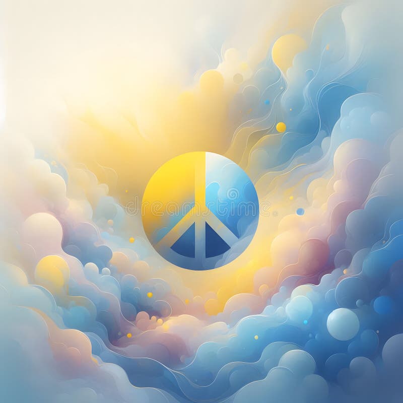Peace Symbol in a Circle, Split Blue and Yellow, Amidst Cloud-like ...