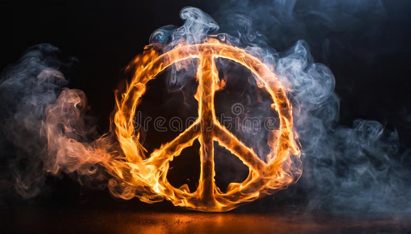Peace Symbol Made of Fire Flames, Smoke on Dark Backdrop Stock ...