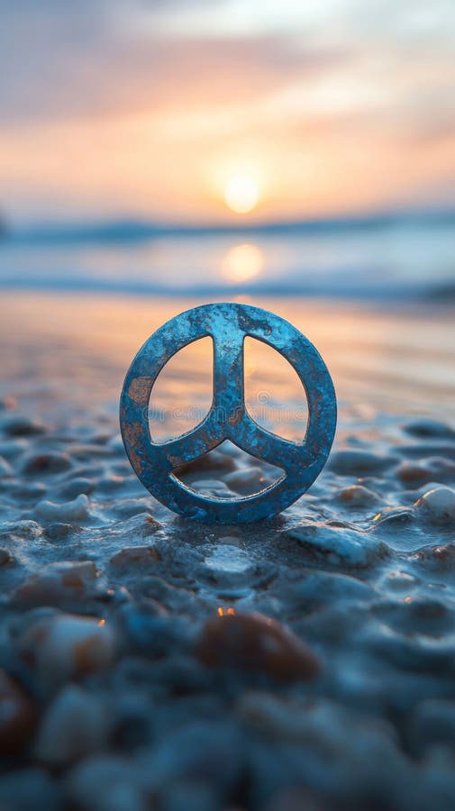 Peace Symbol on a Pebble Beach at Sunset, Symbolizing Hope and ...