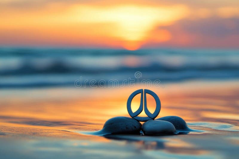 Peace Symbol Rests on Rocks at Sunset Beach with Harmony Theme Stock ...