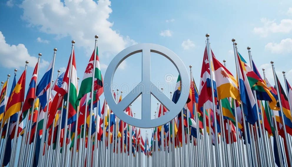 A Peace Symbol Surrounded by Flags of Various Nations Stock ...