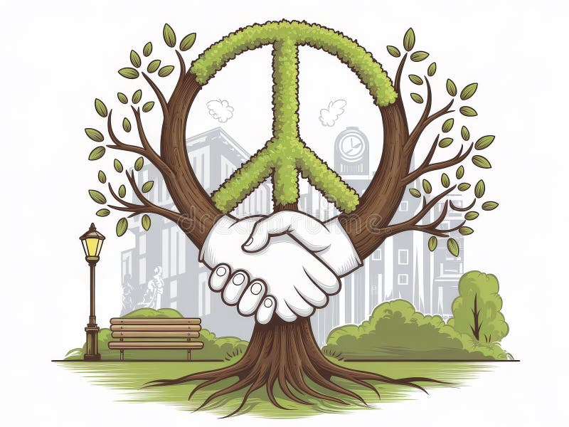 Peace Symbol Tree with Handshake: Unity and Harmony in an Urban Park ...