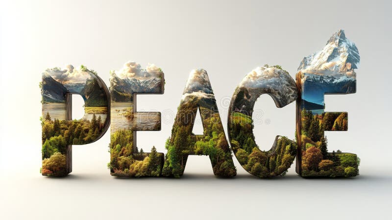 Peace Text Formed with Serene Mountain Lake and Forest Landscapes on ...