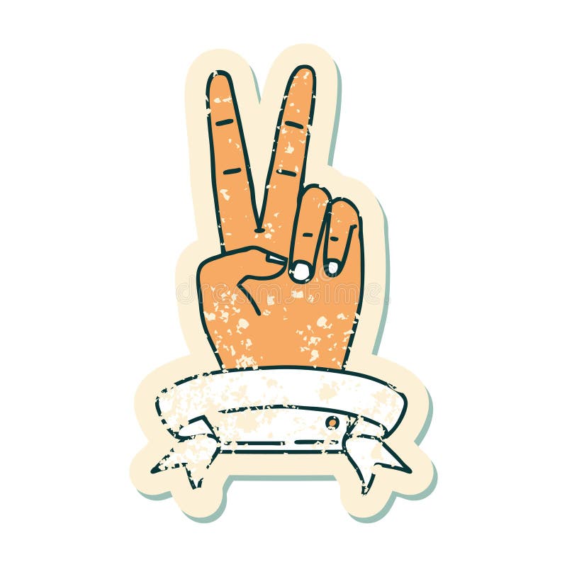 Peace Two Finger Hand Gesture with Banner Grunge Sticker Stock Vector ...