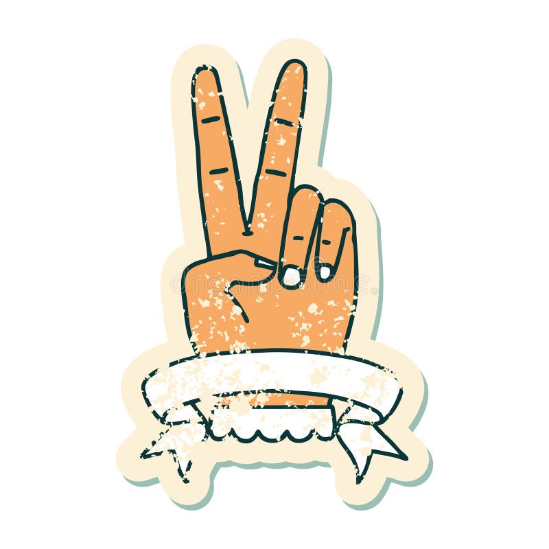 Peace Two Finger Hand Gesture with Banner Grunge Sticker Stock Vector ...