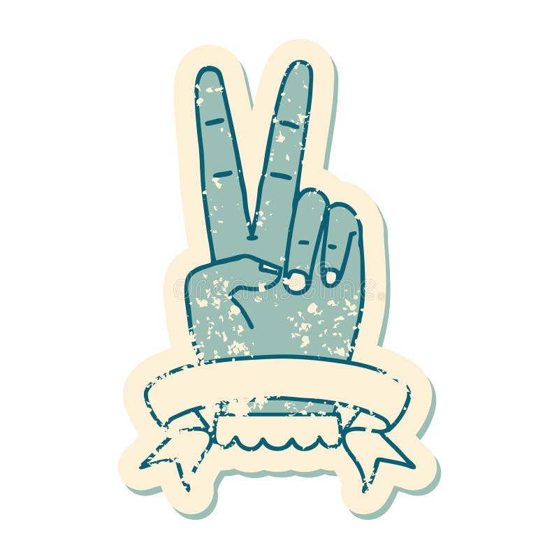 Peace Two Finger Hand Gesture with Banner Grunge Sticker Stock Vector ...