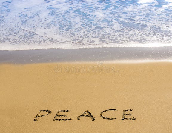 Peace Written in Golden Sand with Surf Stock Photo - Image of beach ...