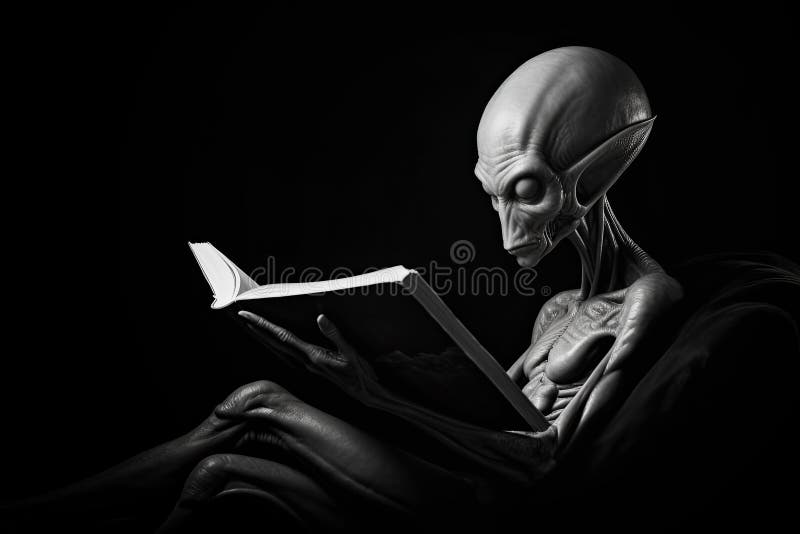 Peaceful Alien Reading Book on Black Background Stock Illustration ...