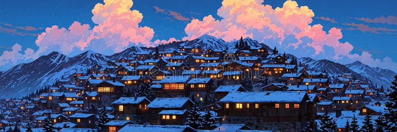 Peaceful Anime Mountain Village with Snow-covered Rooftops and Warm ...