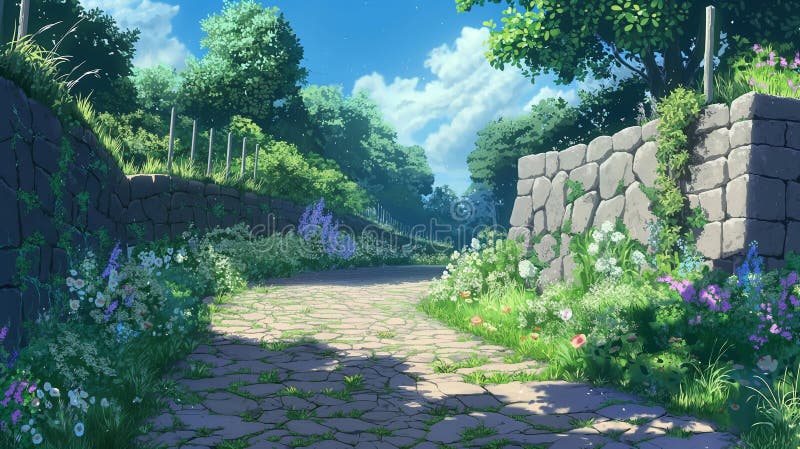 Peaceful Anime Theme of the Brick Road in the Daylight Stock Photo ...