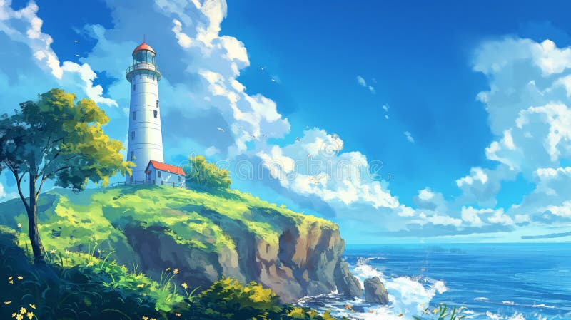 Peaceful Anime Theme of Nice Lighthouse Stock Photo - Image of ...