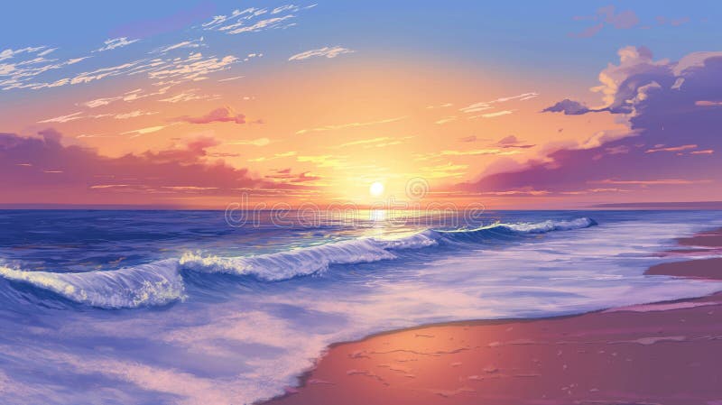 Peaceful Anime Theme of the Romantic Beach, Colorful Stock Image ...