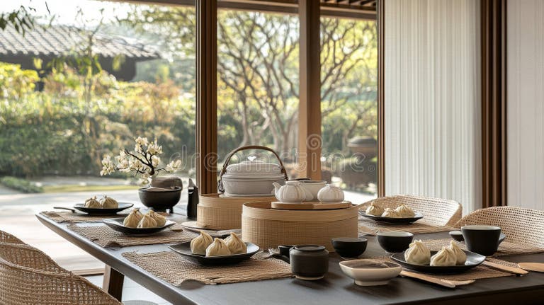 Peaceful Asian-inspired Dining Setting with Tea and Dumplings Stock ...