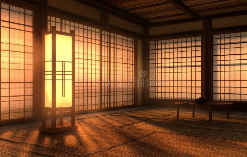 A Peaceful Asian-inspired Space is Illuminated by a Lamp, Featuring a ...