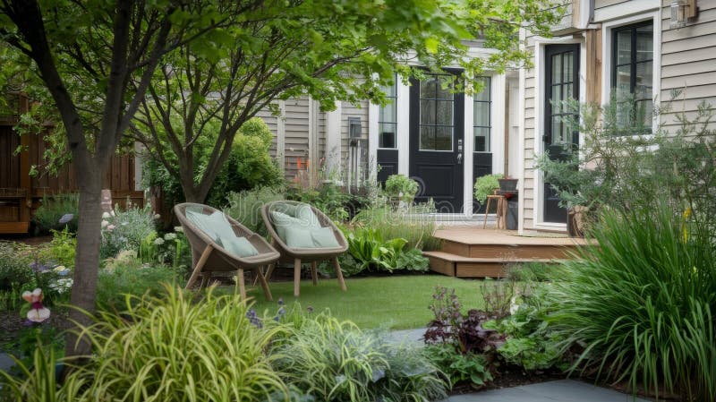 Peaceful Backyard Garden with Two Cozy Lawn Chairs Stock Illustration ...