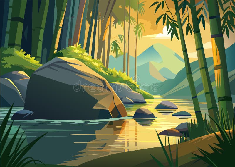 Peaceful Bamboo Forest with a Calm River Reflecting Mountains and Sky in Distance Stock ...