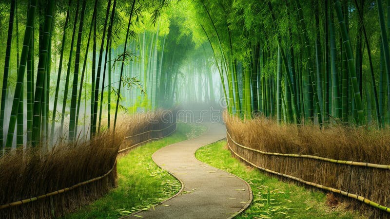 Peaceful Bamboo Forest Pathway Stock Illustration - Illustration of ...
