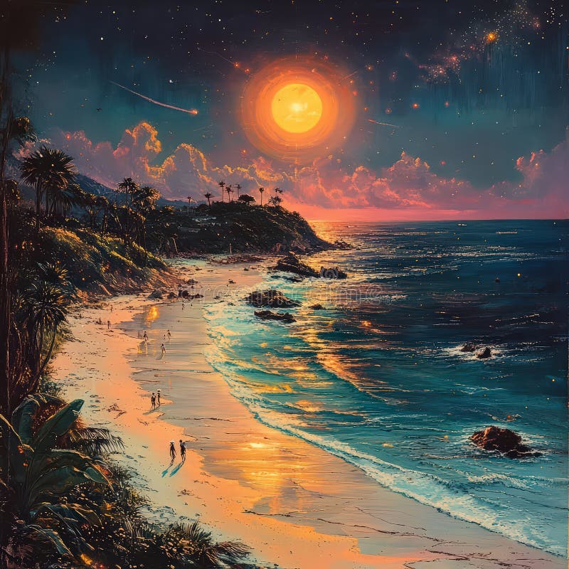 A Peaceful Beach with Glowing, Psychedelic Waves and Retro-futuristic ...