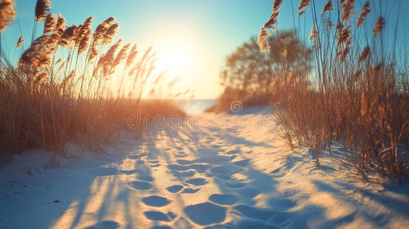 Peaceful Beach Path at Sunset with Golden Light Stock Illustration ...