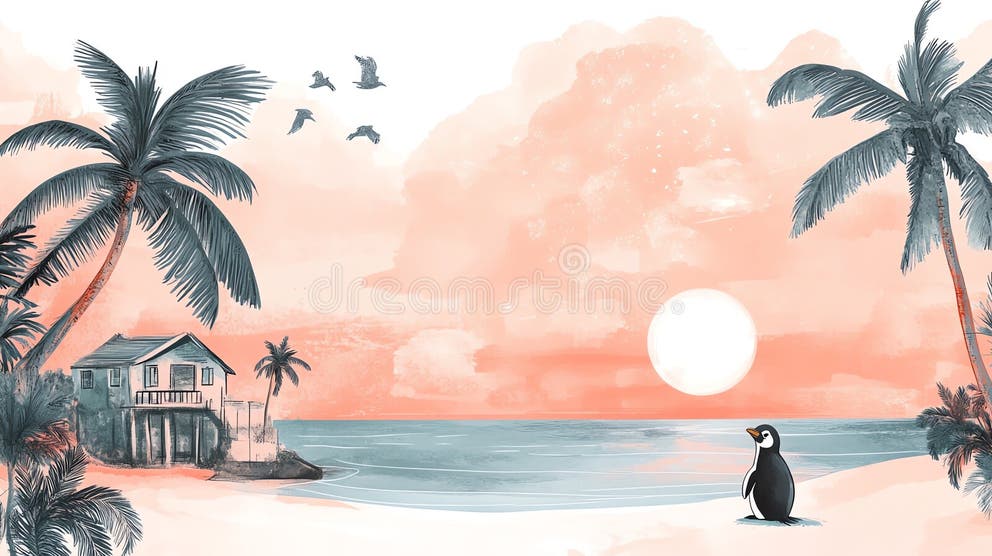 Peaceful Beach Scene with a Penguin and Sunset Stock Illustration ...