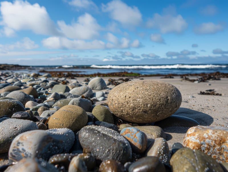 Peaceful Beach Scene with Rocks and Waves Stock Illustration ...