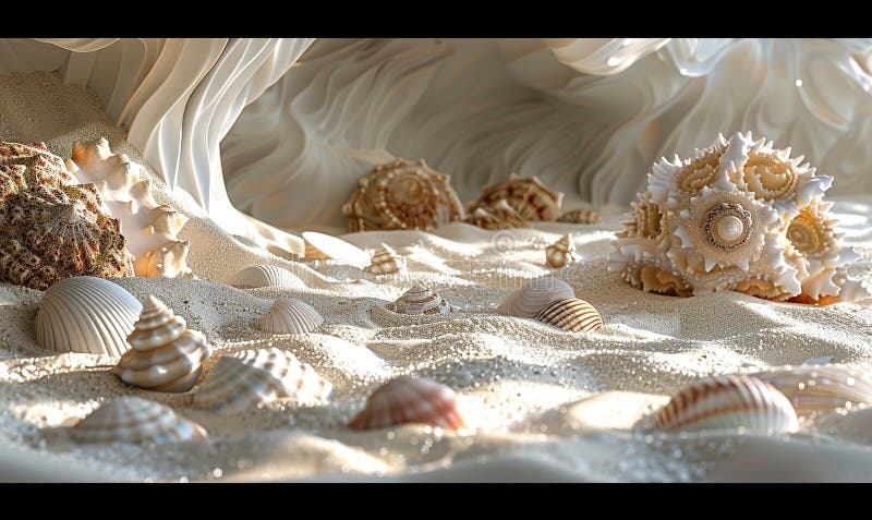 A Peaceful Beach Scene with Various Seashells by the Gentle Ocean Waves ...