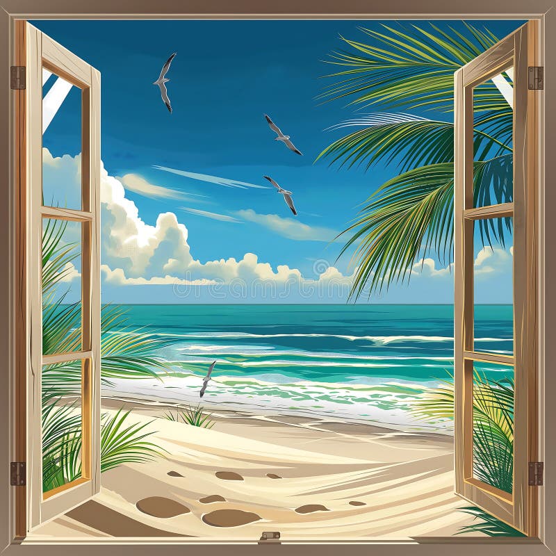 Open Window View of Serene Beach Scene with Palm Trees and Birds Flying ...