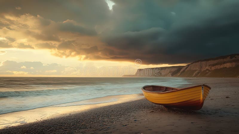 A Peaceful Beach Scene with a Yellow Boat Resting on the Shore Under ...