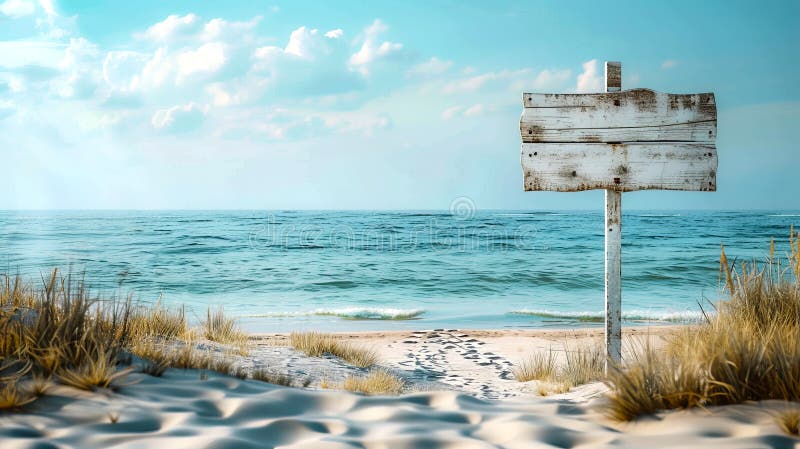 Serene Beach Scene with Wooden Signpost on Sandy Path Leading To Ocean ...