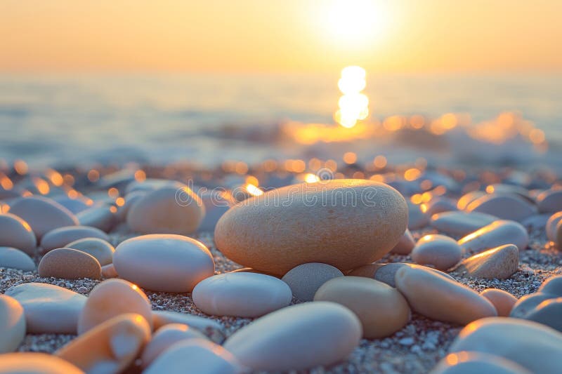 Peaceful Beach Sunrise with Smooth Pebbles Stock Photo - Image of ...