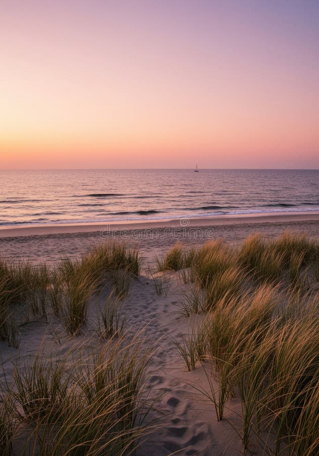 Peaceful Beach Sunset with Golden Grass Stock Illustration ...