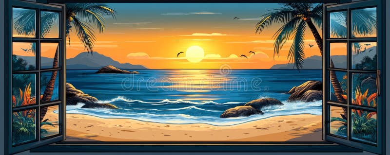 A Peaceful Beach Sunset Seen through an Open Window in Pixel Art Form ...