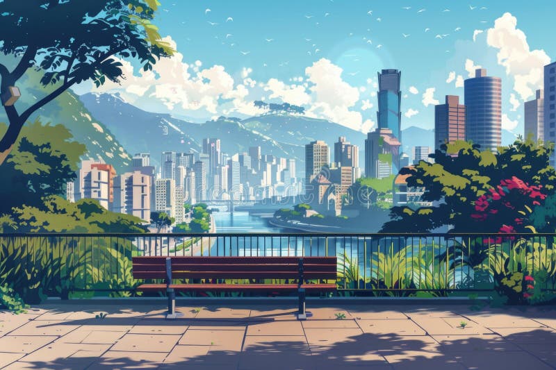 A Peaceful Bench Overlooking a Bustling City. Ideal for Urban Concept ...