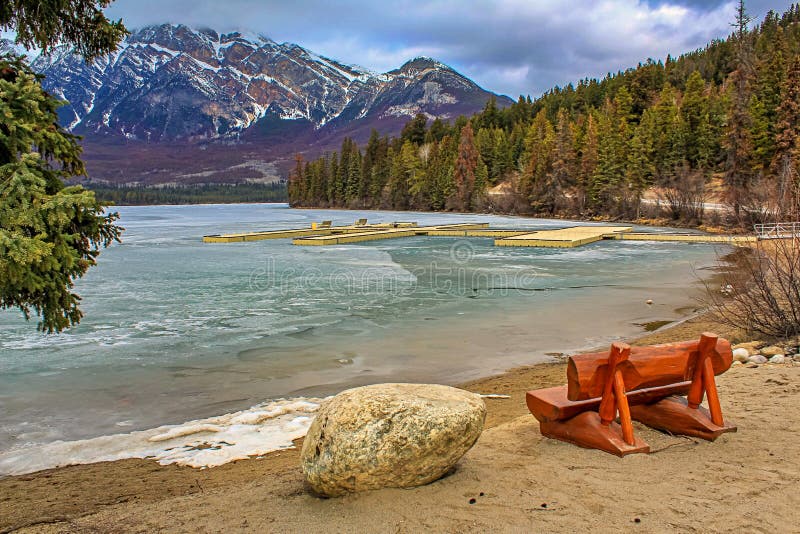 Peaceful Bench View of Lake and Mountains Stock Image - Image of ...