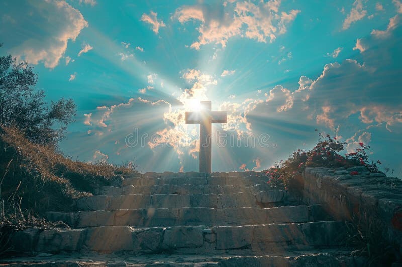Peaceful Blue Sky and Clouds with Lightfilled Stairway through a Cross ...