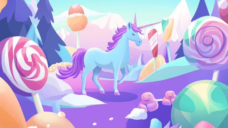 Peaceful Blue Unicorn Standing in Vibrant Candy Forest Surrounded by ...