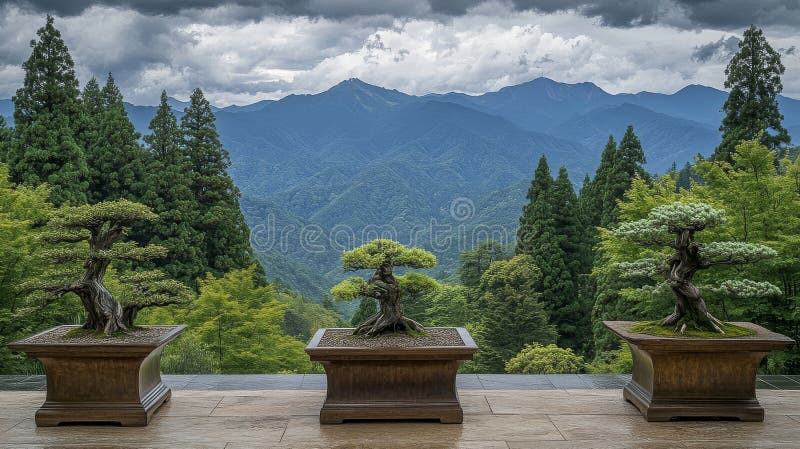 Peaceful Bonsai Assembly: Tiny Trees in a Scenic Mountain Setting Stock ...