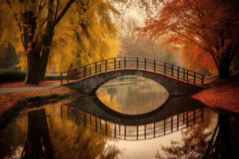 A Peaceful Bridge Over a River with Fall Foliage Stock Illustration ...