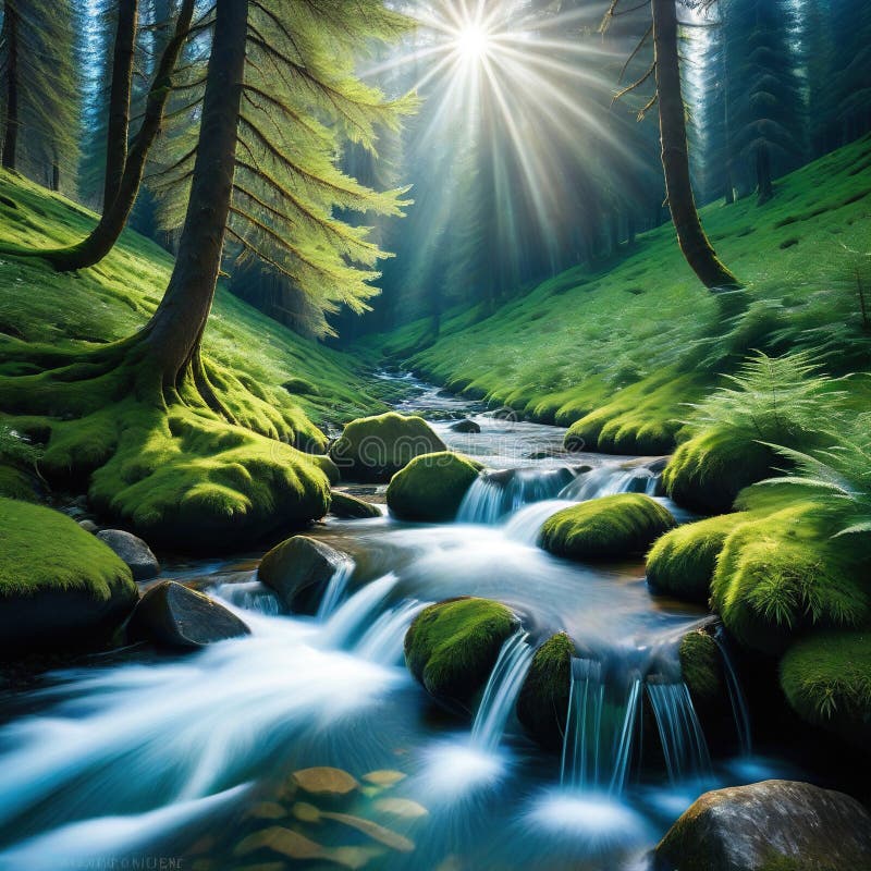 Peaceful Brook from Spring Winds Its Way through Dense Spruce Forest ...