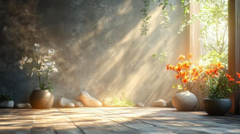 A Peaceful Calm Indoor Setting with Natural Light and Potted Plants ...