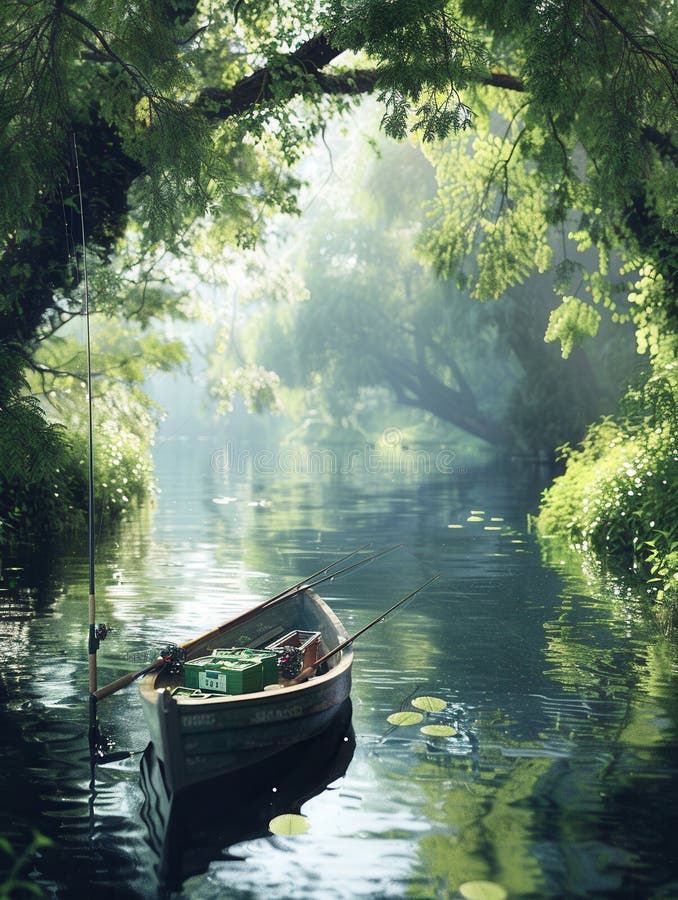 A Peaceful Canoe Rests on a Calm River, Surrounded by Vibrant Greenery ...