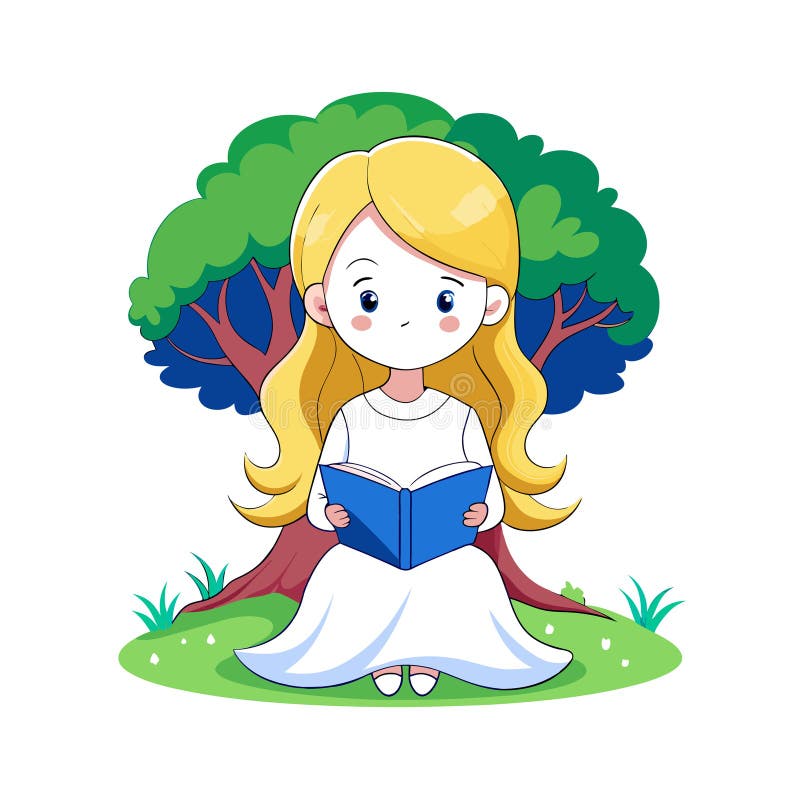 Peaceful Cartoon Girl Reading Under a Tree Stock Vector - Illustration ...