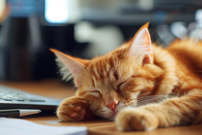 Peaceful Cat Sleeping on Work Desk Stock Photo - Image of sleeping ...