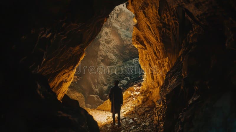 A Peaceful Cave Interior Illuminated by Soft Sunlight from a Hidden ...